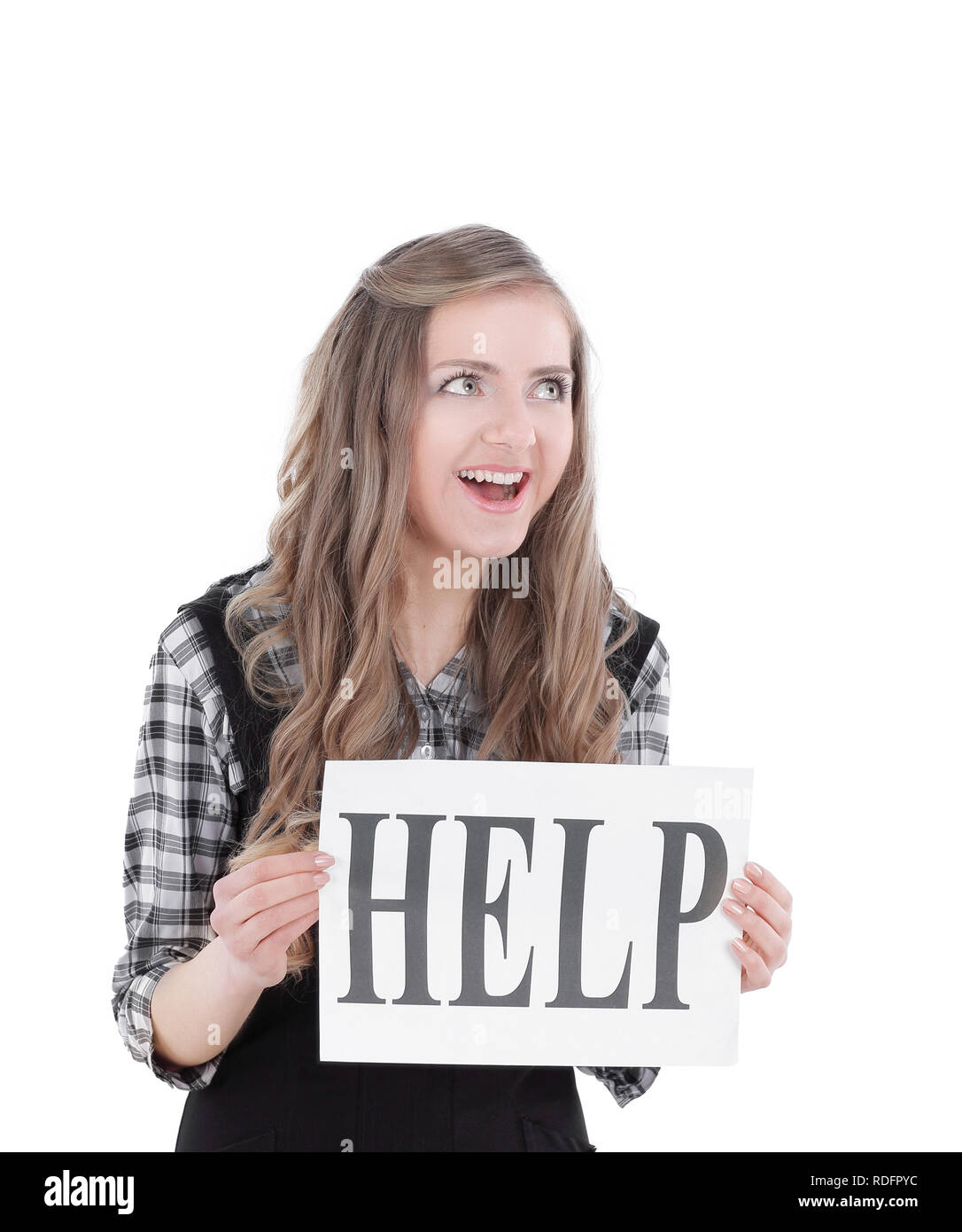 young business woman showing a sheet that says HELP Stock Photo - Alamy