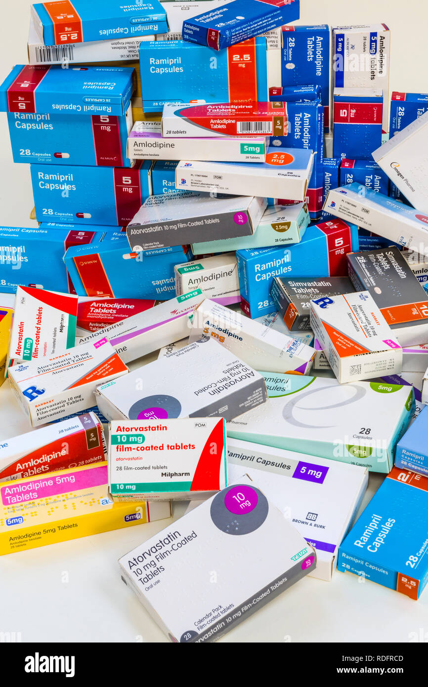 Pile of pill packets, medicines and tablets for the treatment of high ...