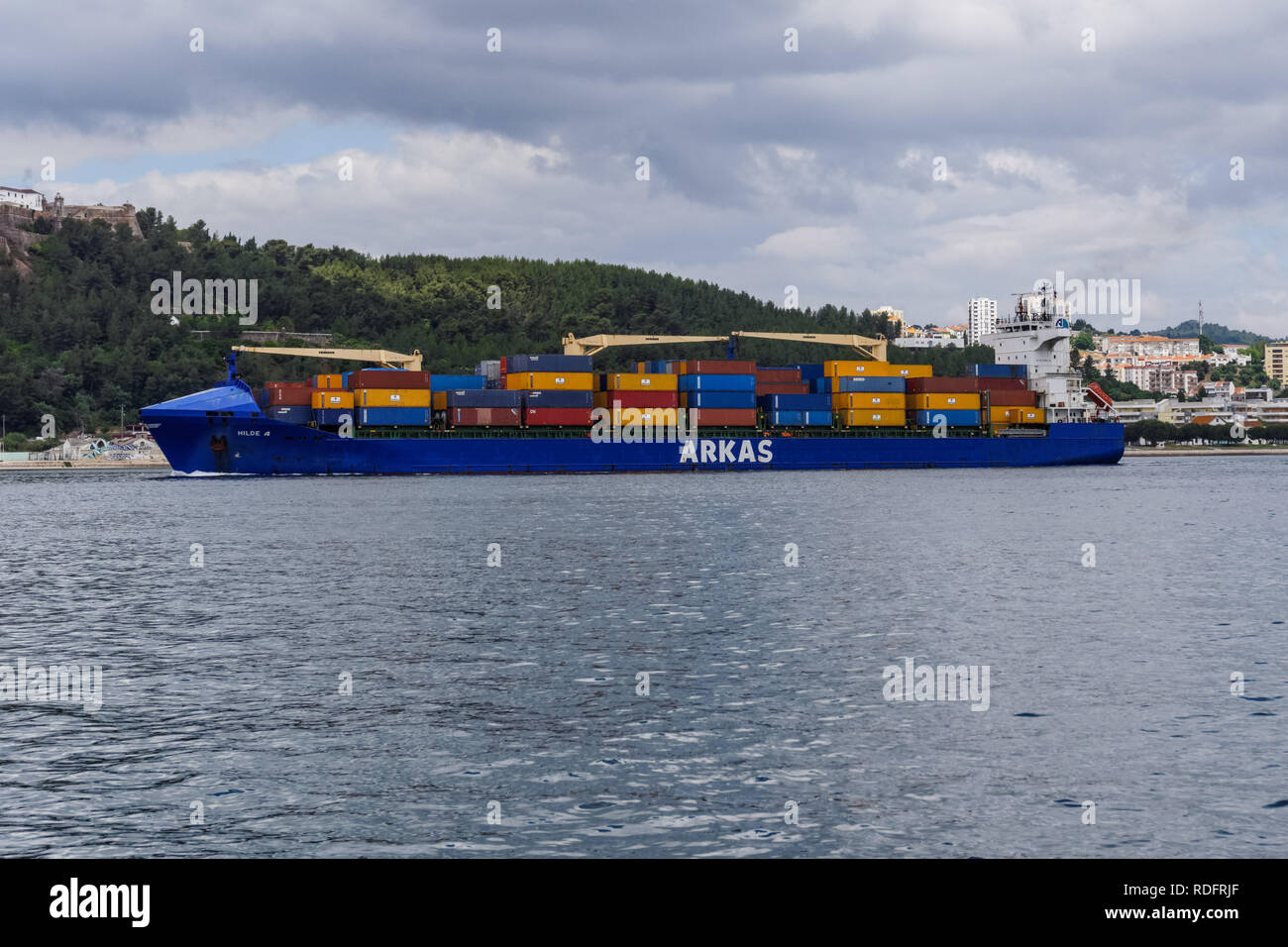 Cargo container ship Arkas on the Atlantic Ocean near Setúbal in ...