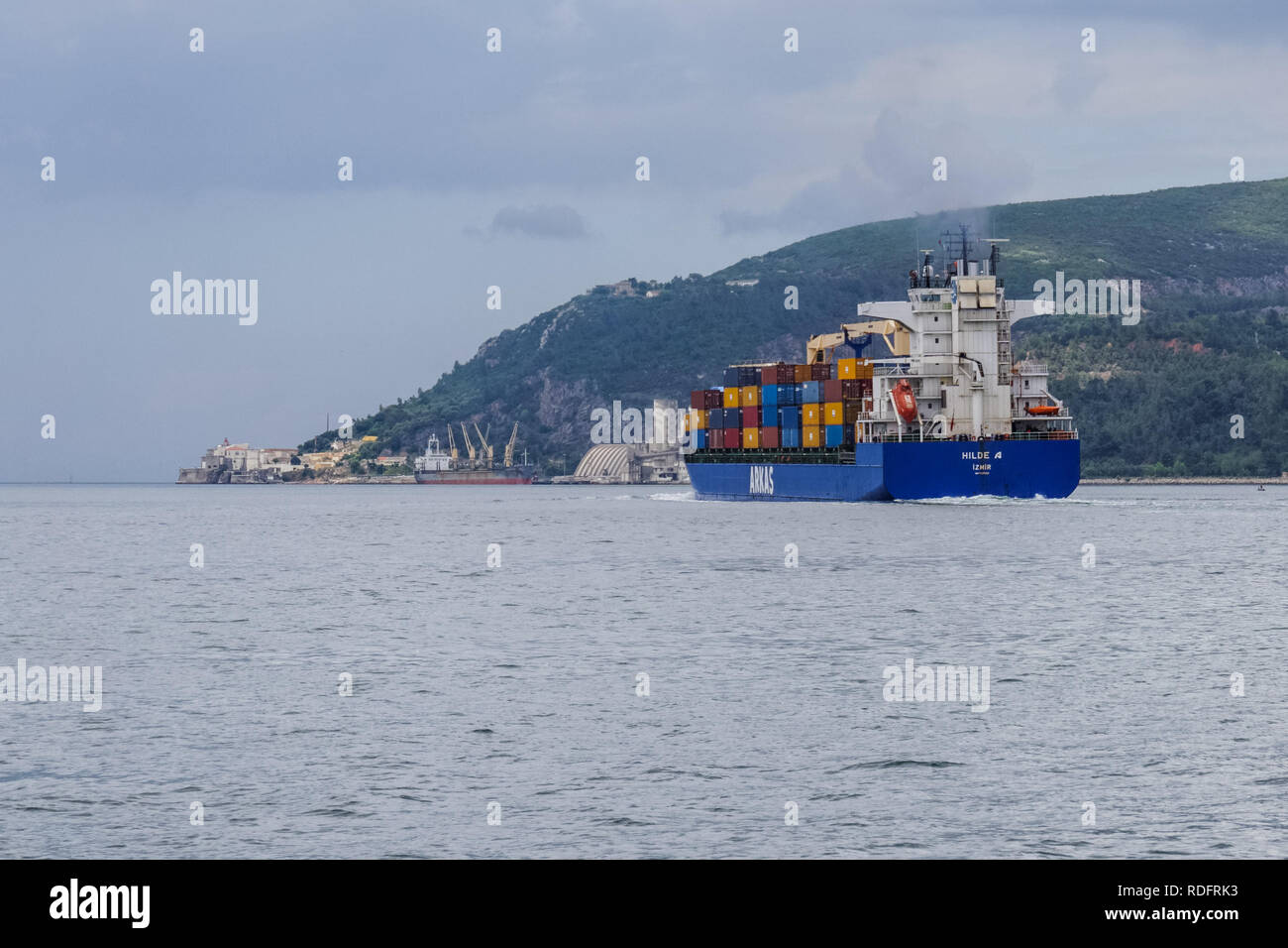Cargo container ship Arkas on the Atlantic Ocean near Setúbal in ...