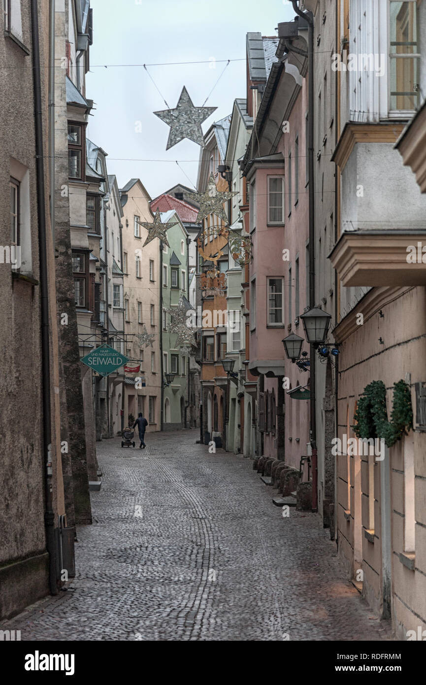 HALL IN TIROL, AUSTRIA - DECEMBER, 30 2018: Traditional buildings and ...