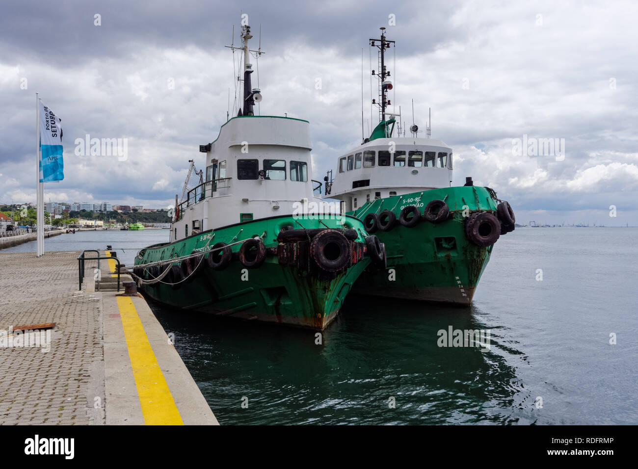 Tugboats moored in Setúbal harbour in the Sado River estuary, Portugal ...