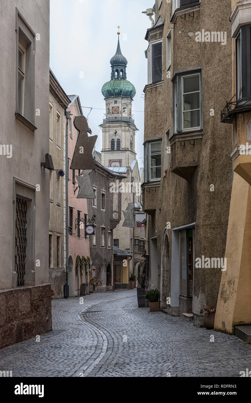 HALL IN TIROL, AUSTRIA - DECEMBER, 30 2018: Traditional buildings and ...