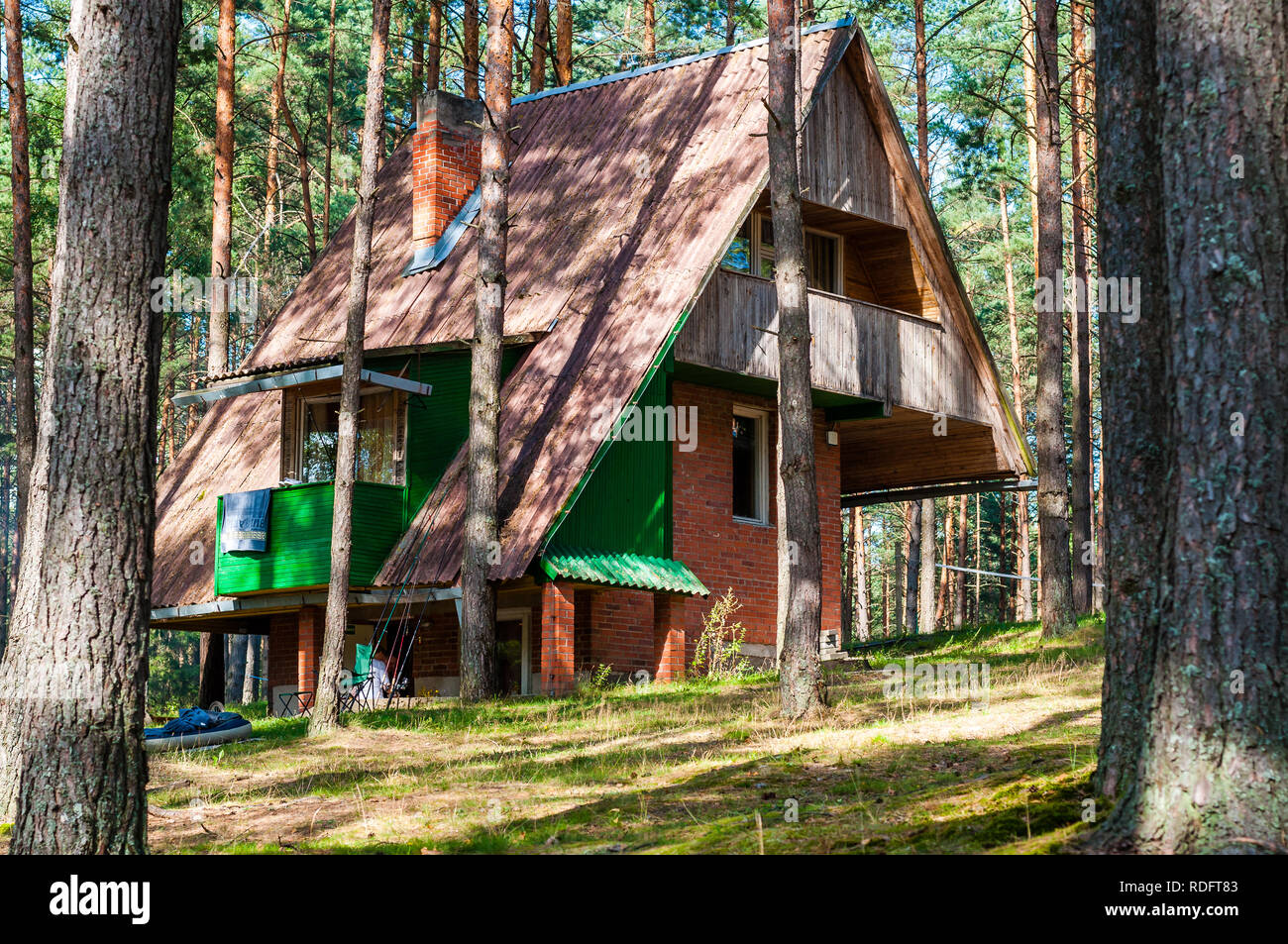 Shabby old traditional wooden forest house with wooden door entrance ...