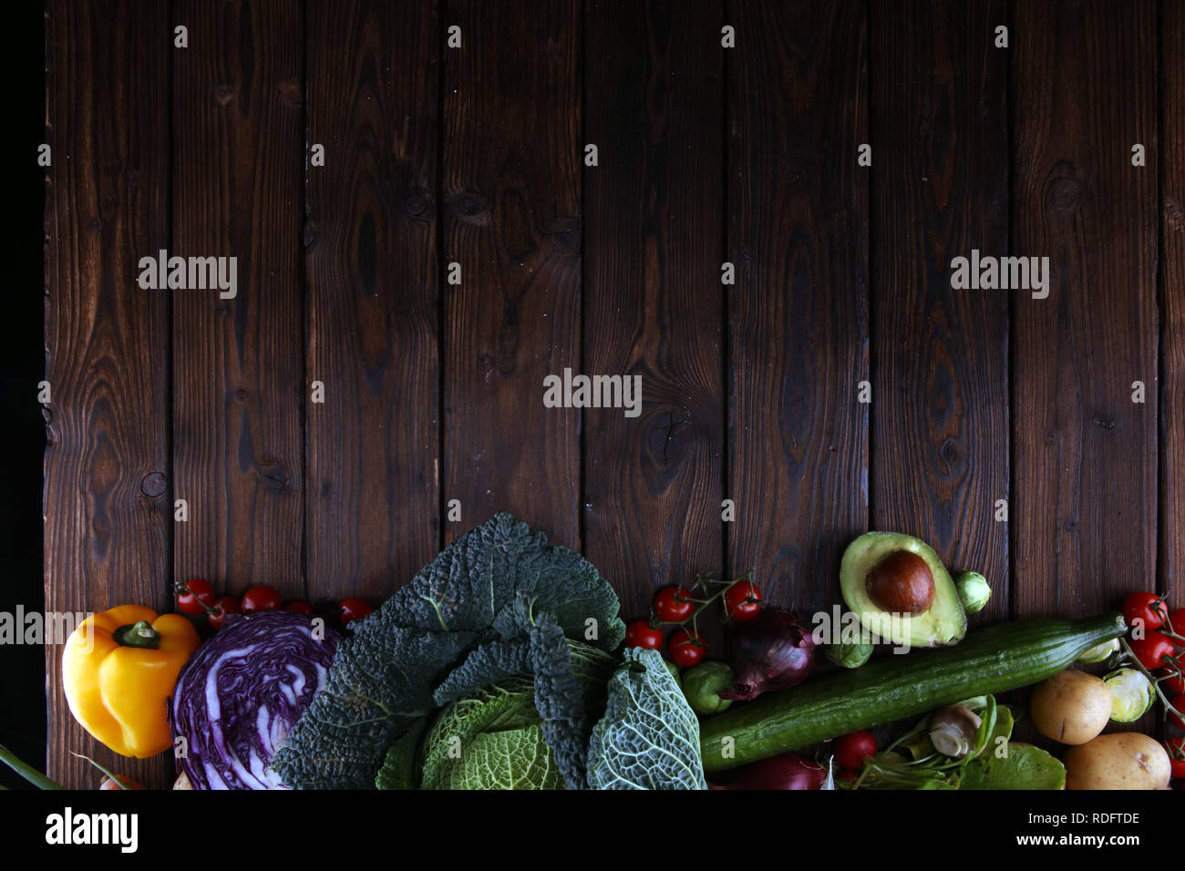 Composition with variety of raw organic vegetables and fruits. Balanced ...