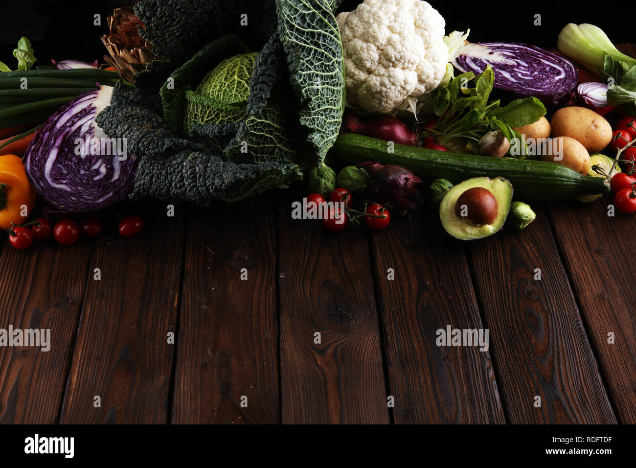 Composition with variety of raw organic vegetables and fruits. Balanced ...