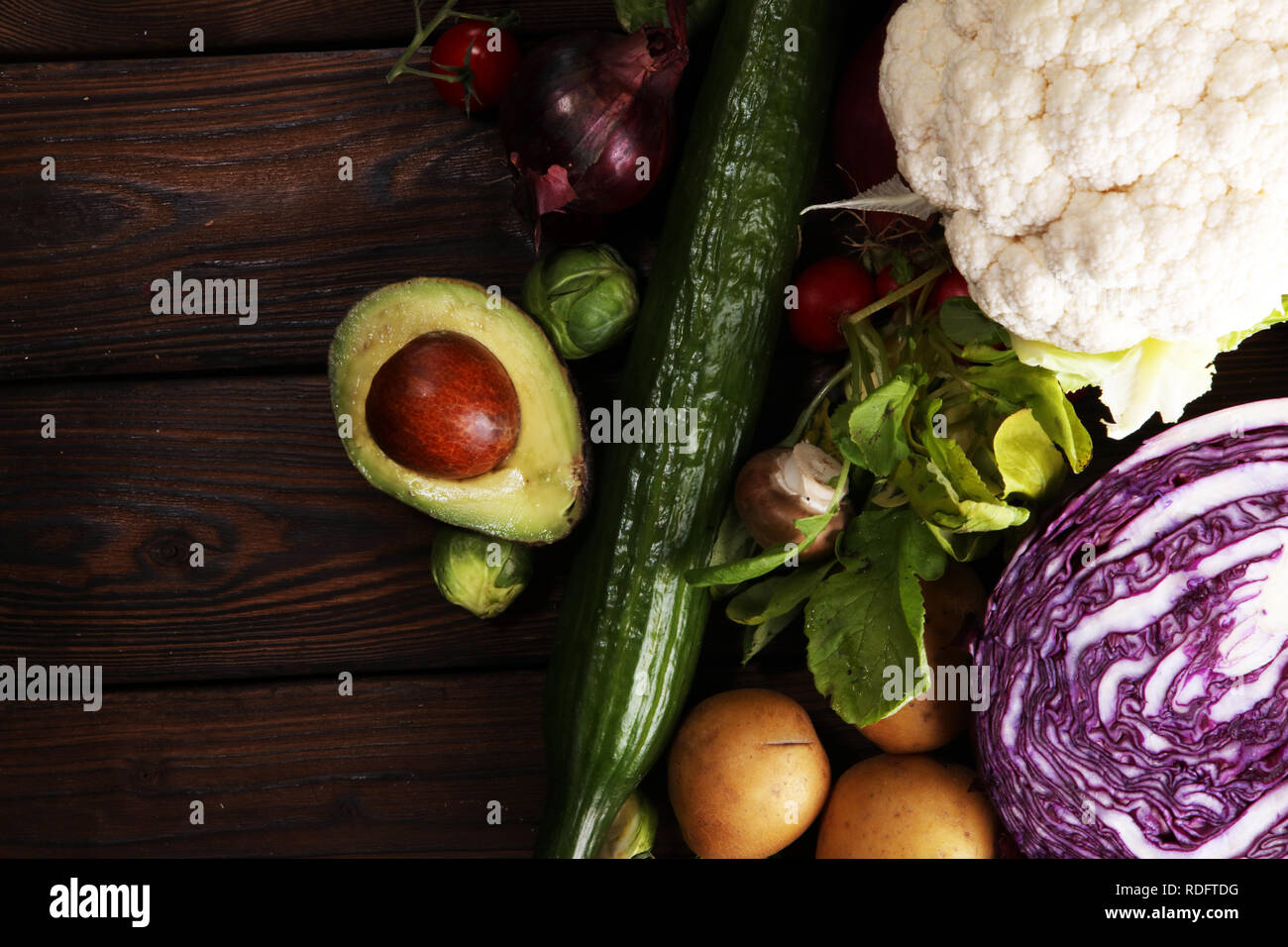 Composition with variety of raw organic vegetables and fruits. Balanced ...
