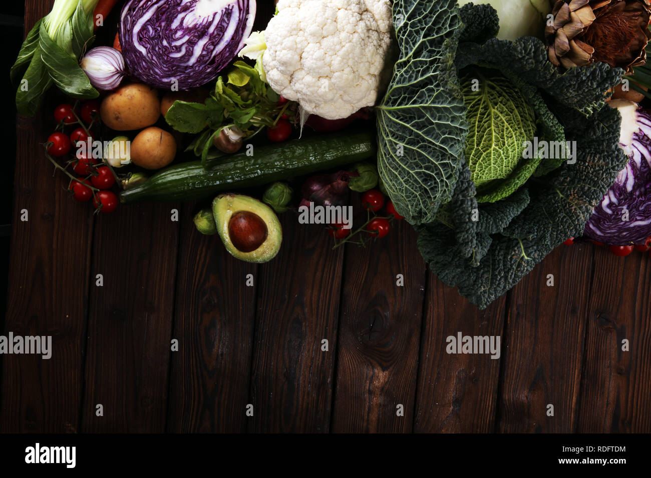 Composition with variety of raw organic vegetables and fruits. Balanced ...