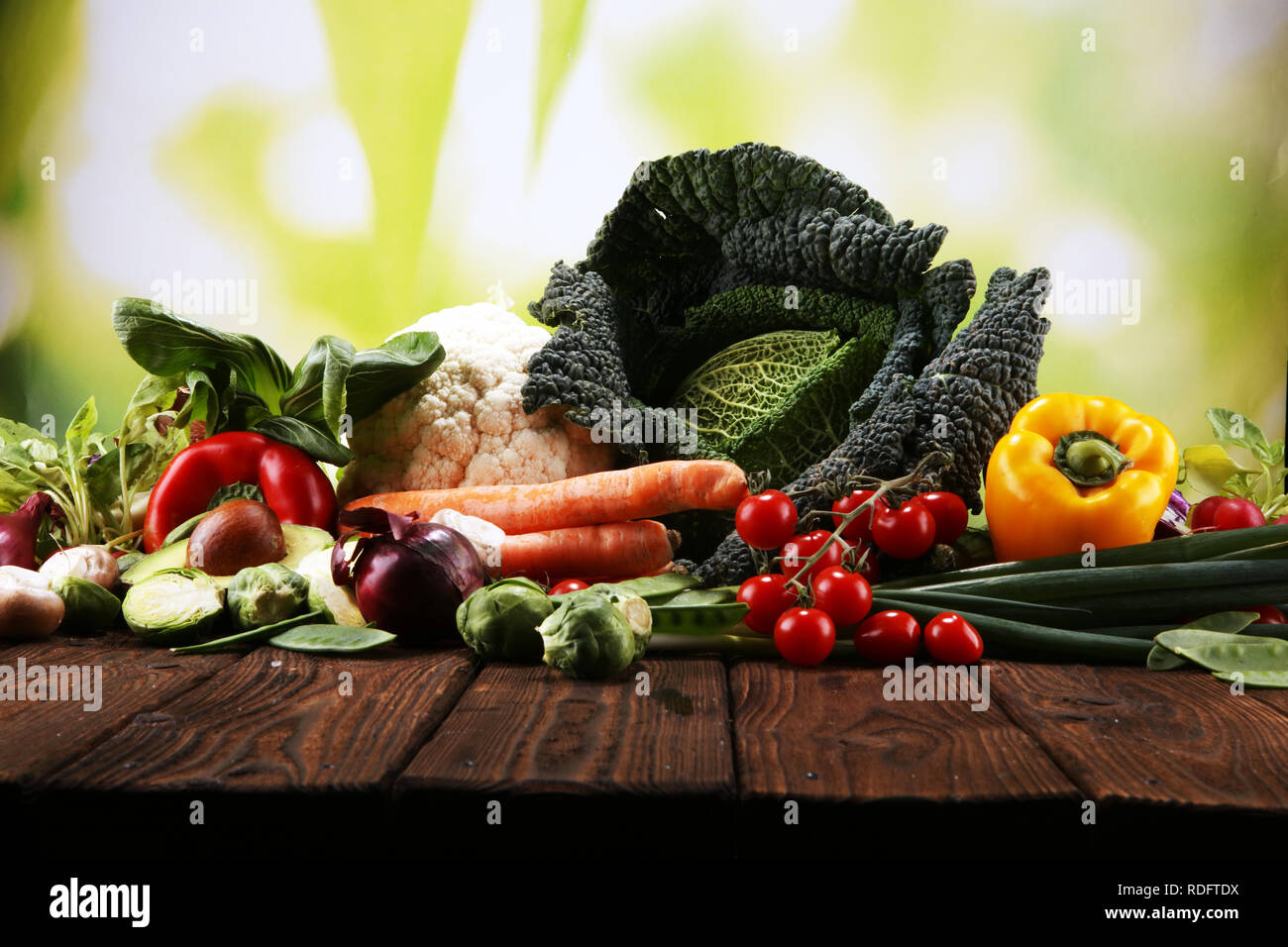 Composition with variety of raw organic vegetables and fruits. Balanced ...