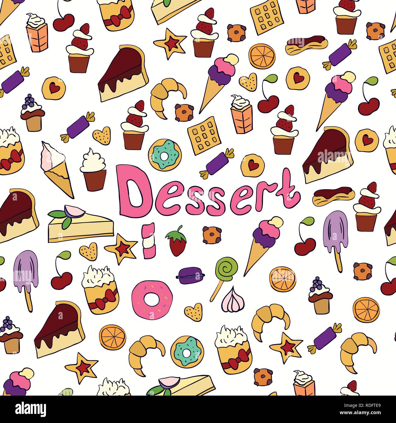 Doodle illustration of desserts and pastries. Hand drawn vector ...