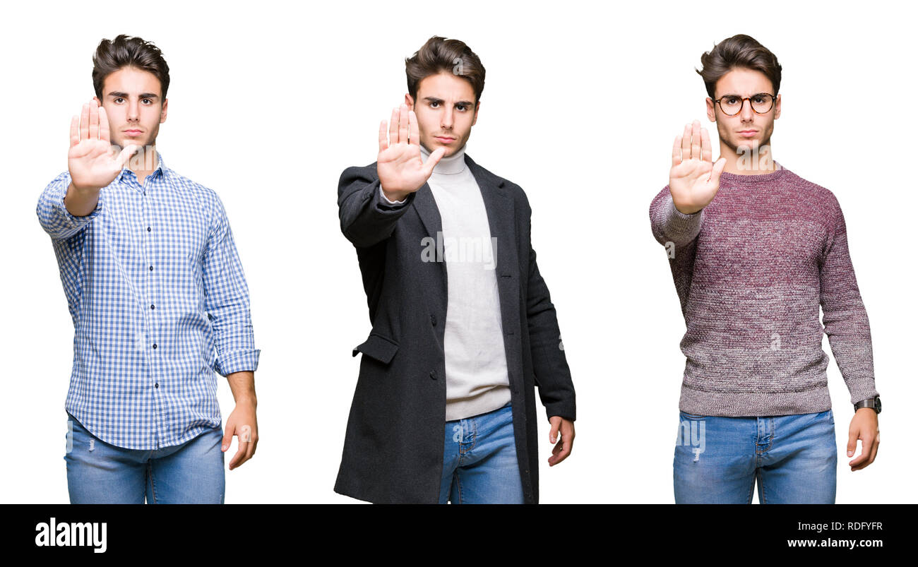 Collage of young handsome business man over isolated background doing ...