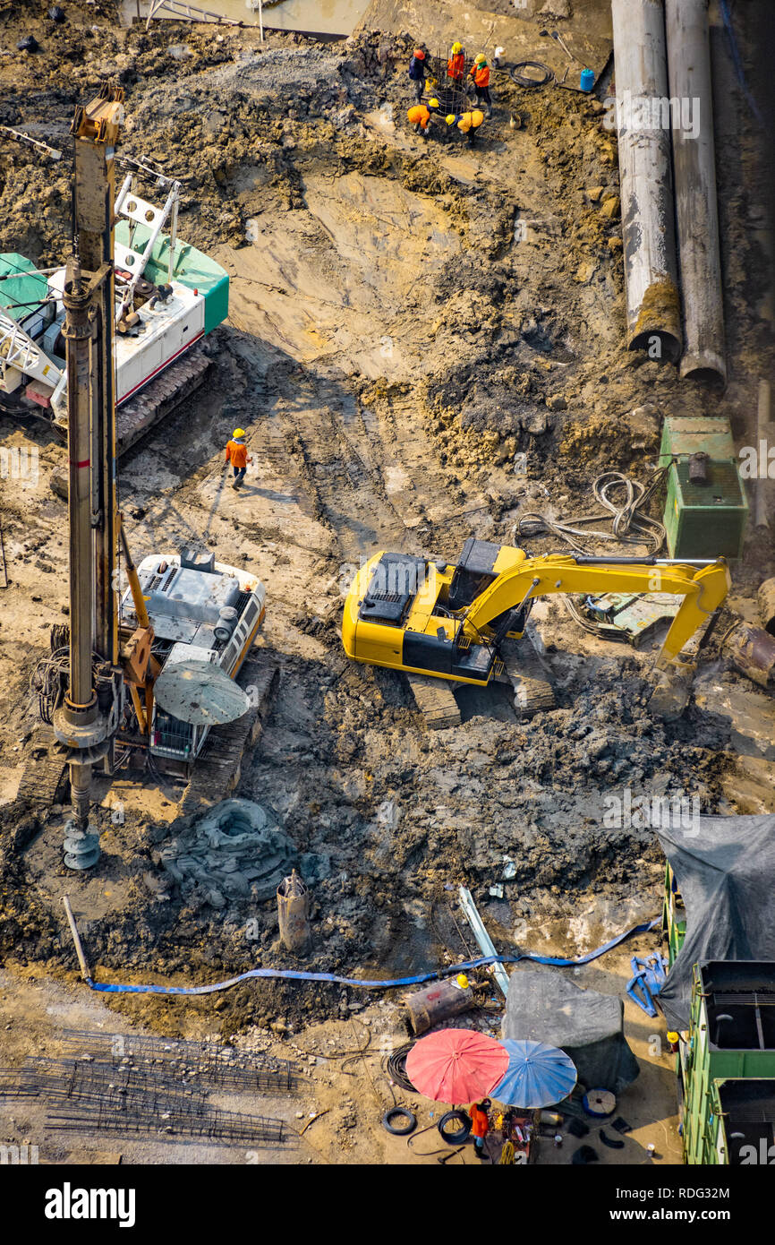 Aerial view of concrete bored pile foundation work on a construction ...