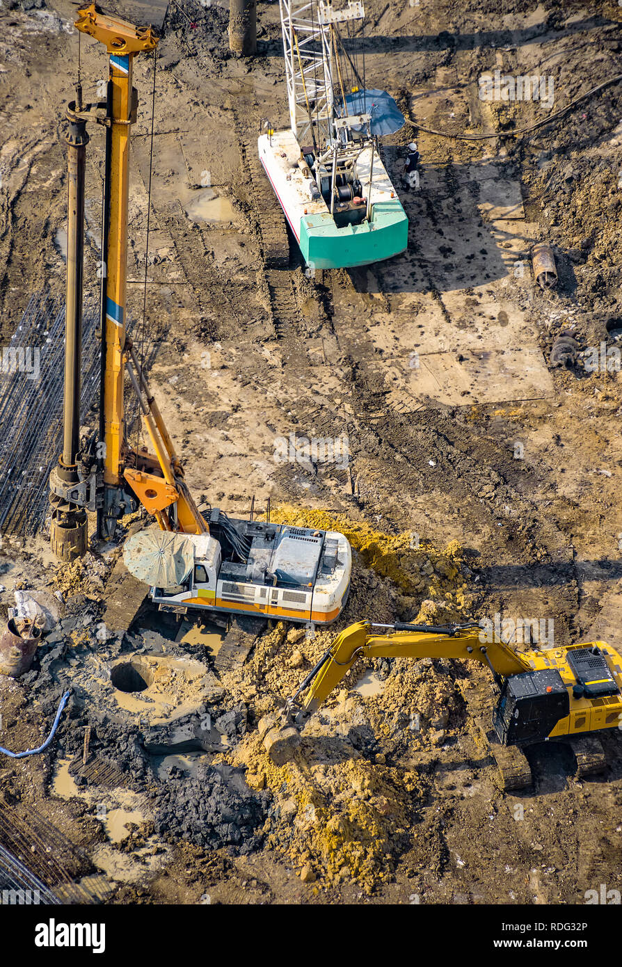 Aerial view of concrete bored pile foundation work on a construction ...
