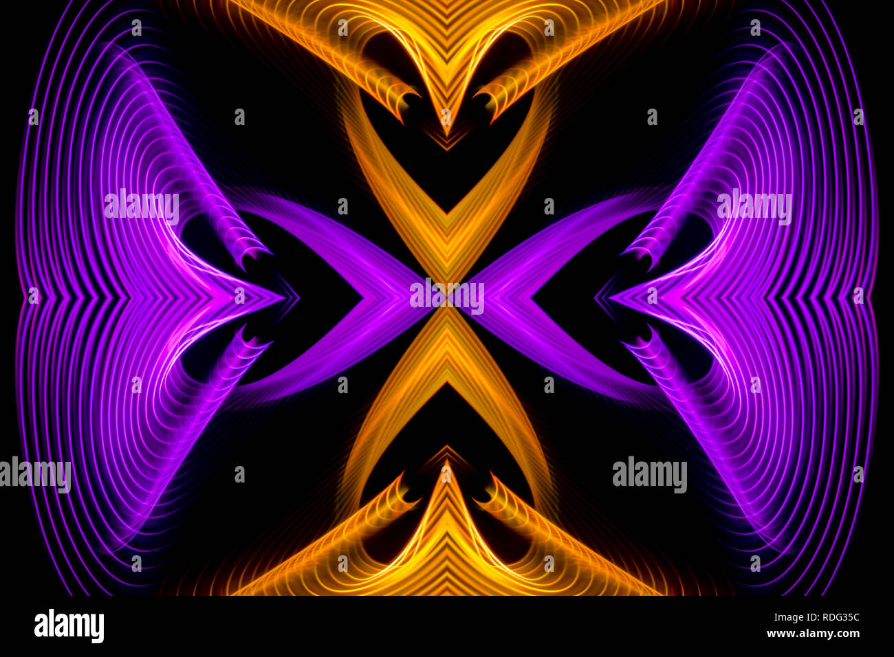 Abstract circle of thin orange and purple lines intersecting with a ...