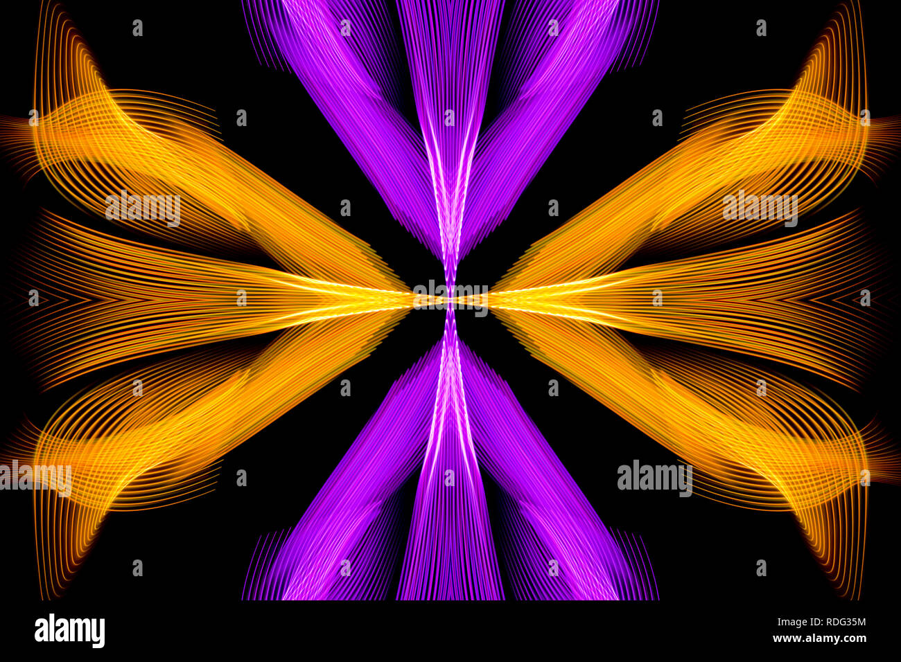 Abstract circle of thin orange and purple lines intersecting with a ...