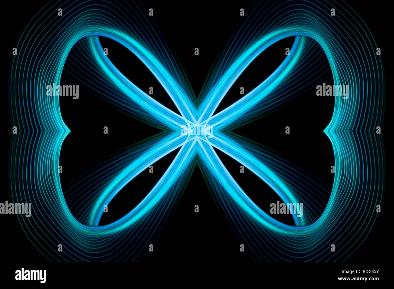 Abstract motion graphics with colored blue spirals and fractals on a black background ...