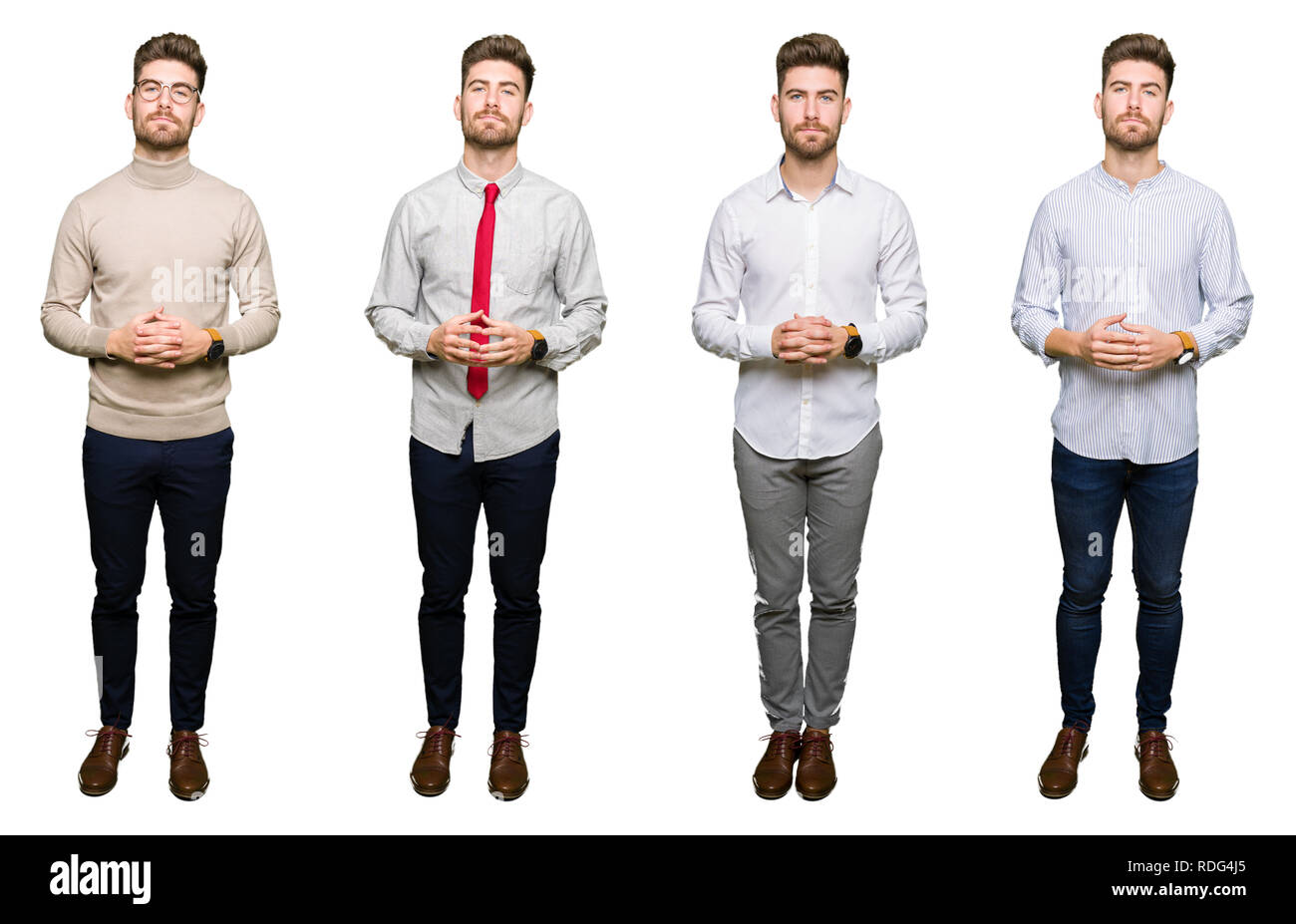 Collage of handsome young business man over white isolated background ...