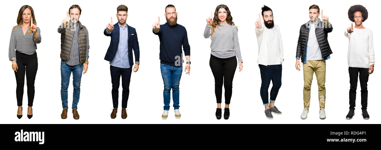 Collage of people over white isolated background Pointing with finger ...