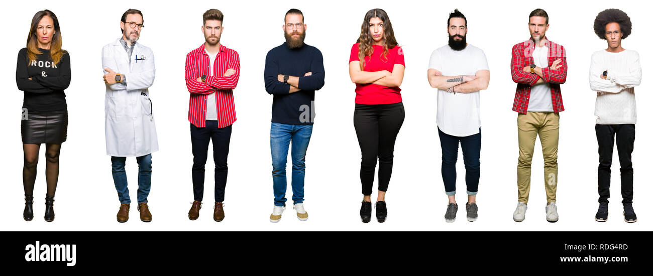 Collage of people over white isolated background skeptic and nervous ...