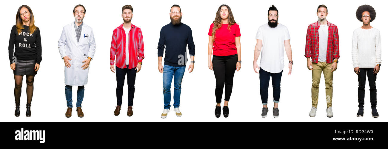 Collage of people over white isolated background puffing cheeks with ...
