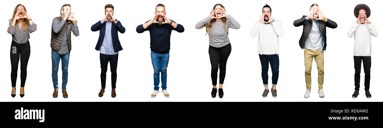 Collage of people over white isolated background Shouting angry out ...