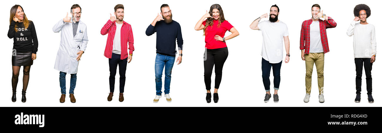 Collage of people over white isolated background smiling doing phone ...