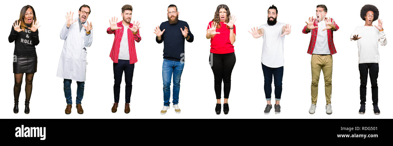 Collage of people over white isolated background afraid and terrified ...