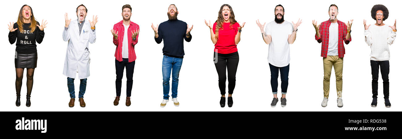 Collage of people over white isolated background crazy and mad shouting ...