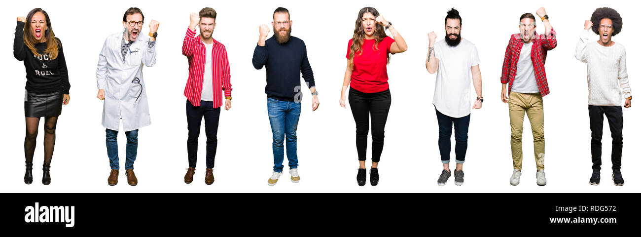 Collage of people over white isolated background angry and mad raising ...