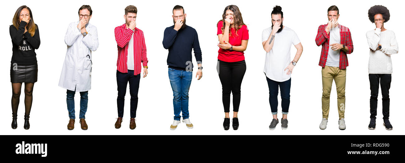 Collage of people over white isolated background smelling something ...