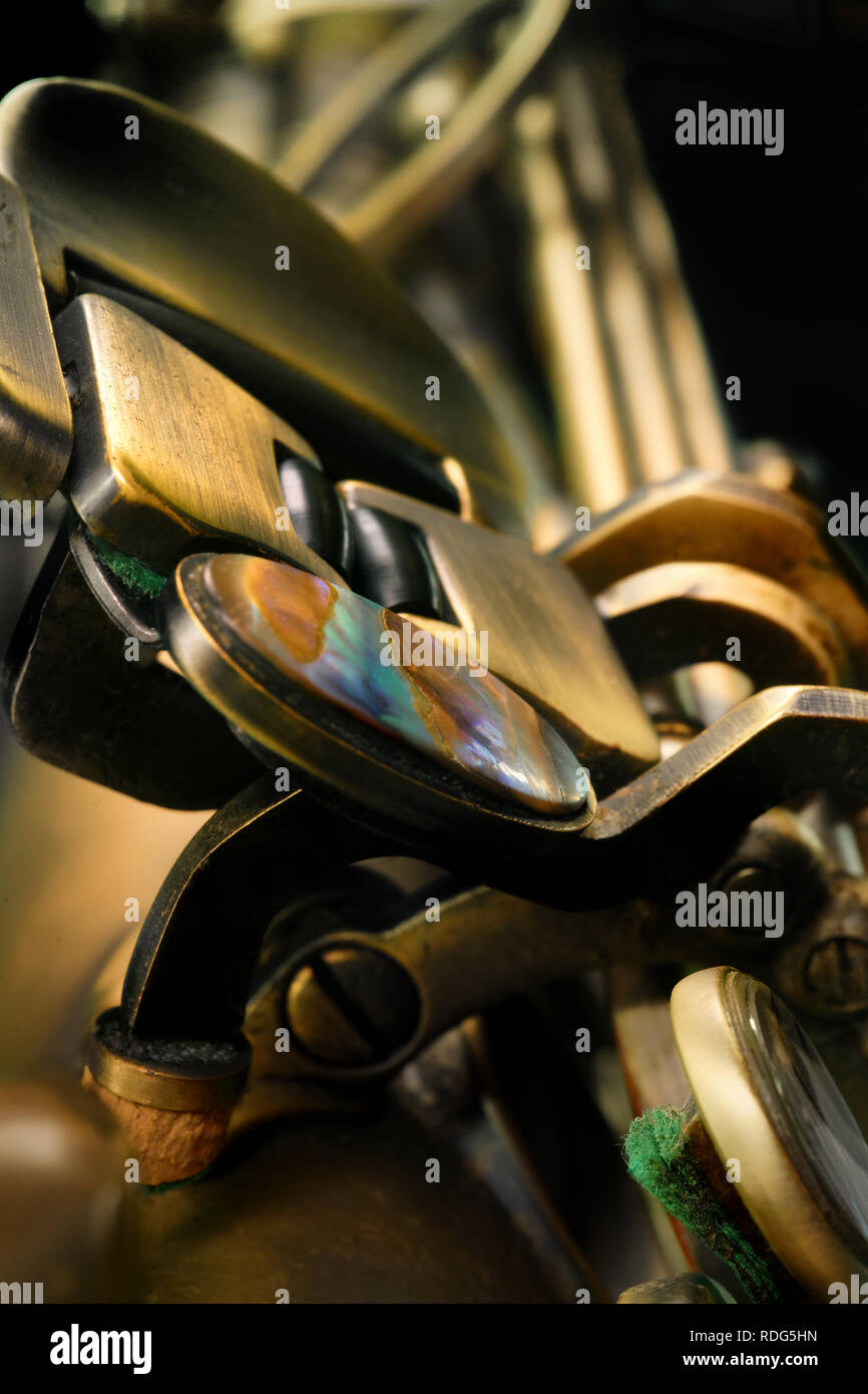 Tenor saxophone close up showing table keys Stock Photo - Alamy