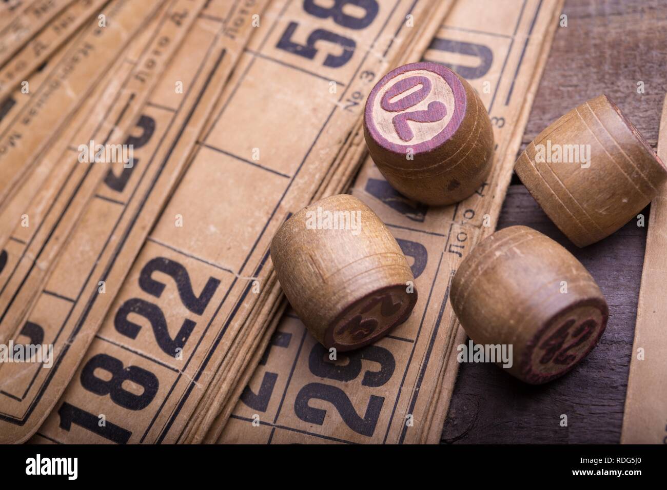 old wooden lotto barrels and game cards Stock Photo - Alamy