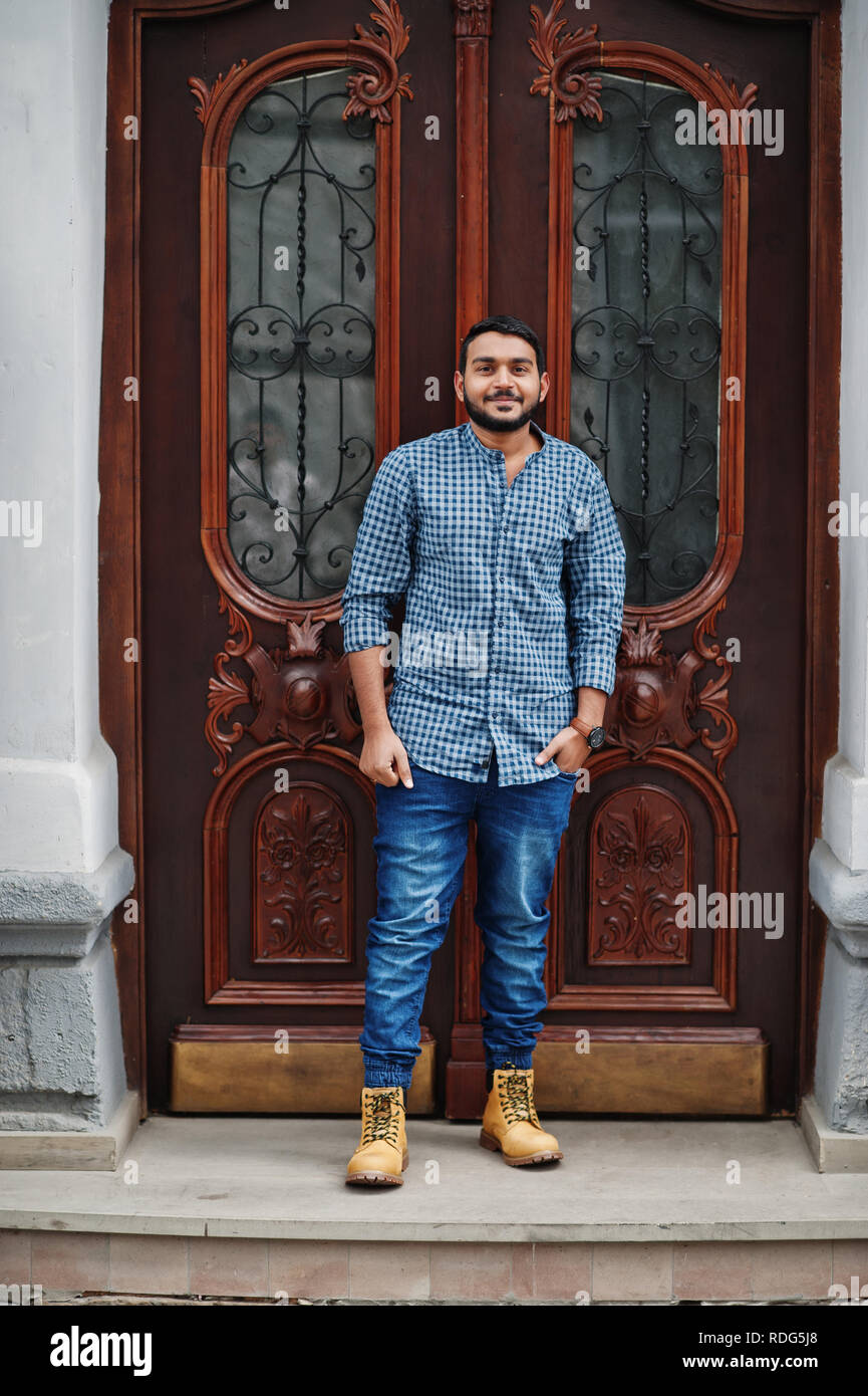 Stylish indian beard model man in casual clothes posed outdoor at ...