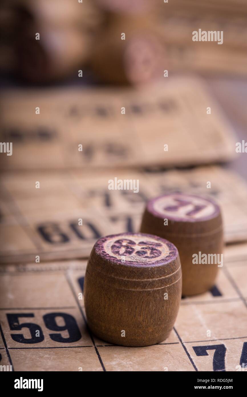 old wooden lotto barrels and game cards Stock Photo - Alamy