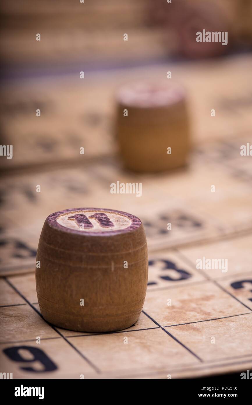 old wooden lotto barrels and game cards Stock Photo - Alamy