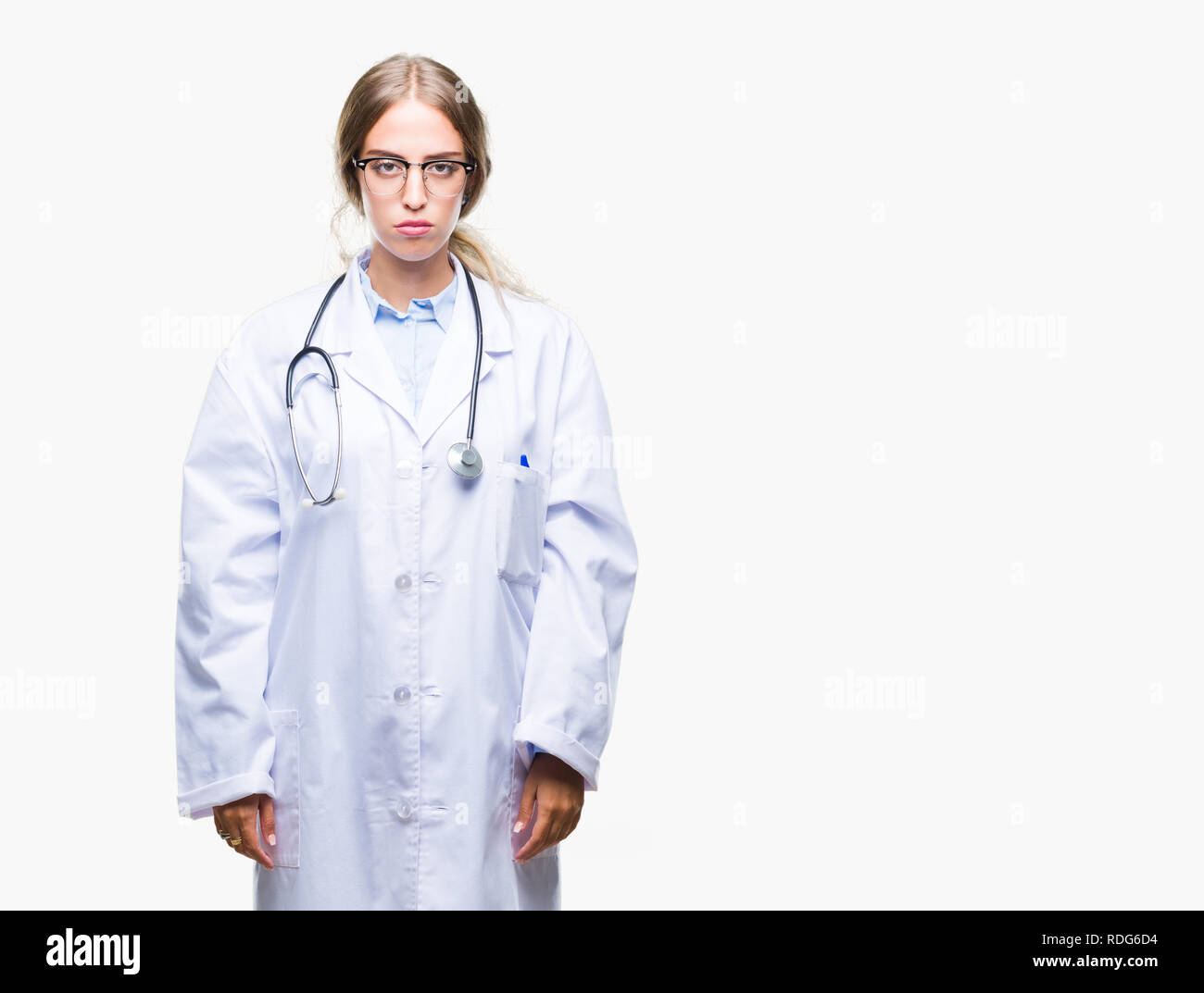 Beautiful young blonde doctor woman wearing medical uniform over ...