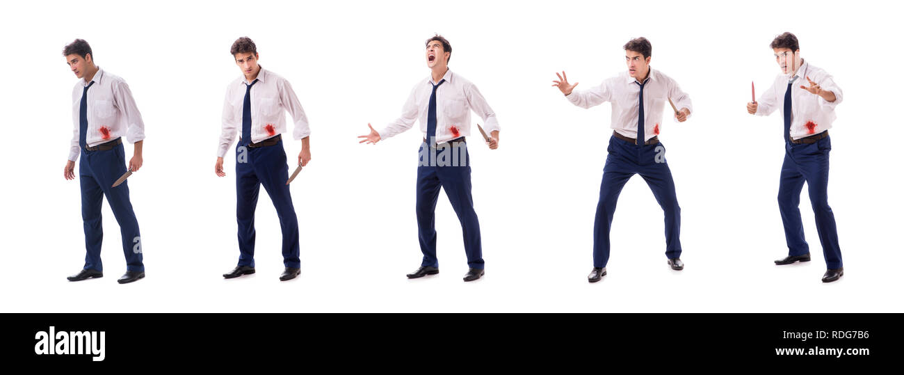 Wounded businessman with blood stains isolated on white background ...