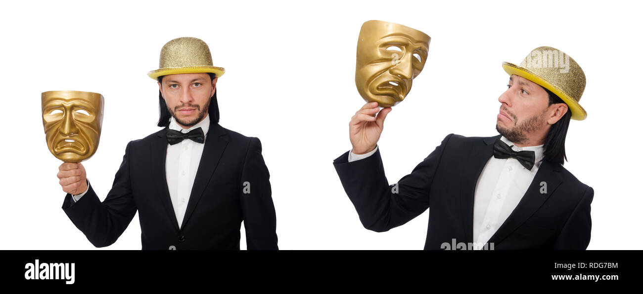 Man with theater mask isolated on white Stock Photo - Alamy