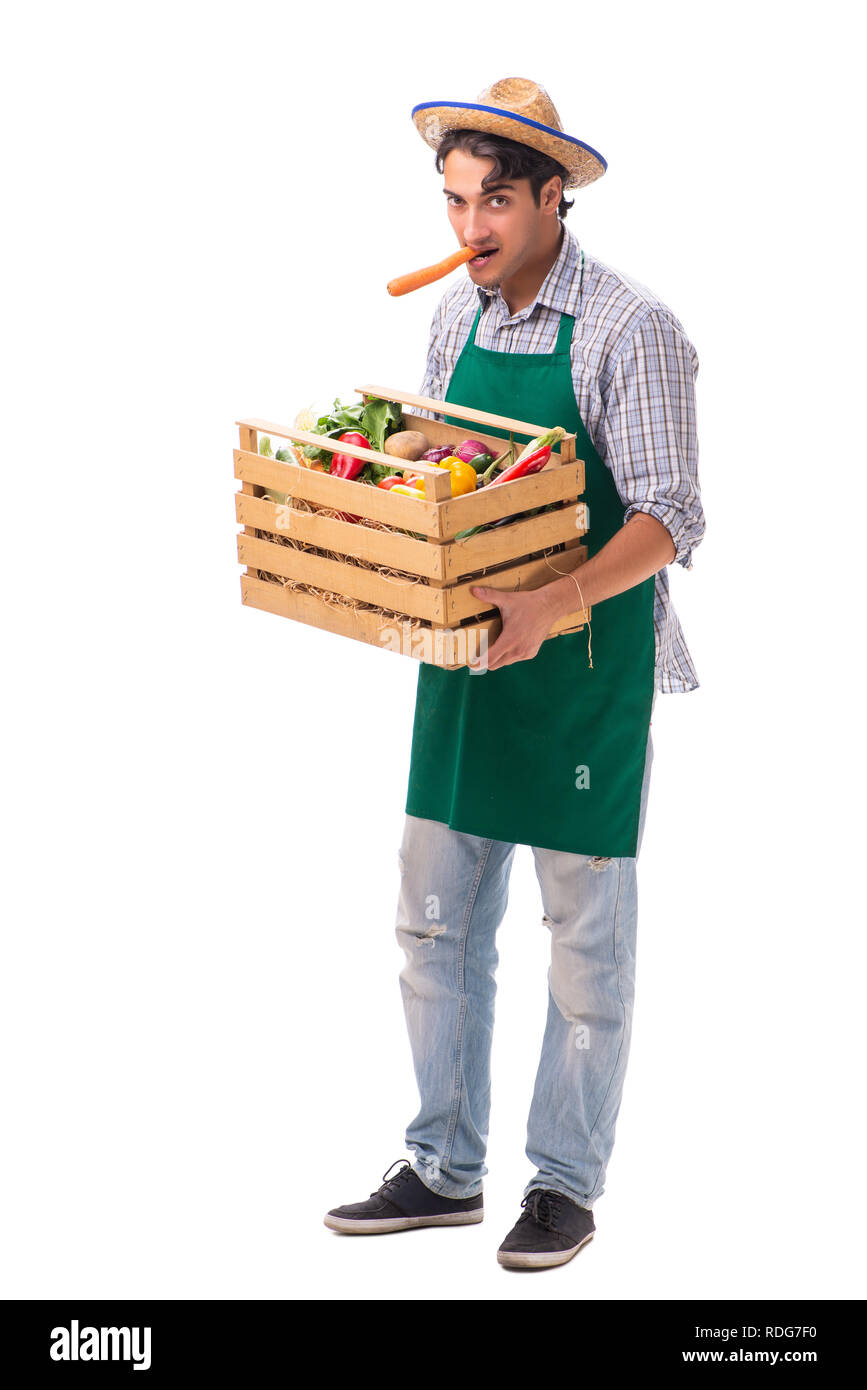Young farmer with fresh produce isolated on white background Stock ...