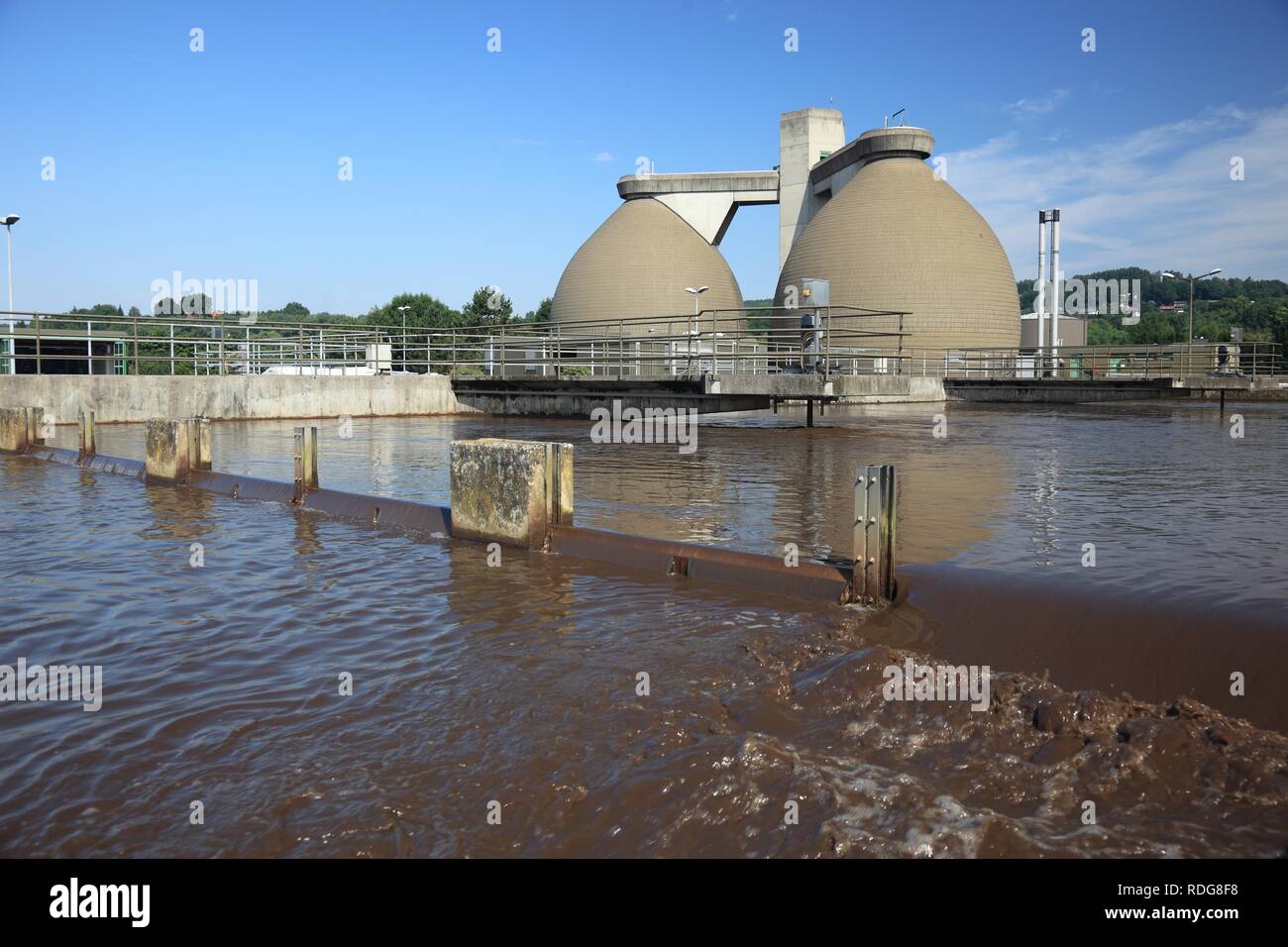 Modern sewage treatment plant, view over a primary clarifier on ...