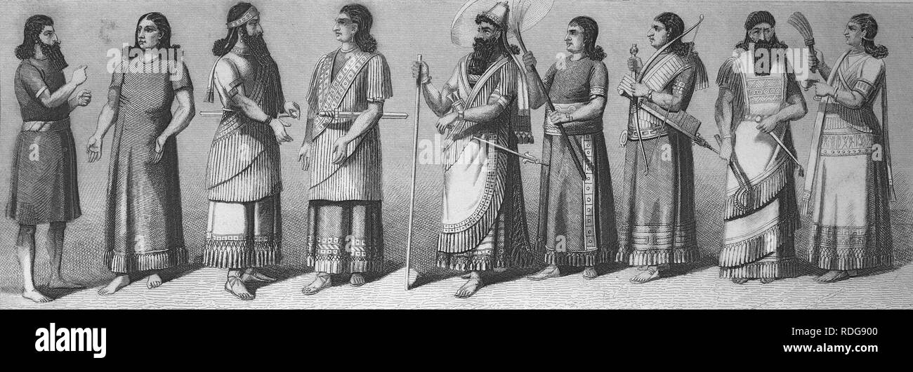 Scenes of antiquity, Persia, Assyrians, 2, court officials, 2, King ...