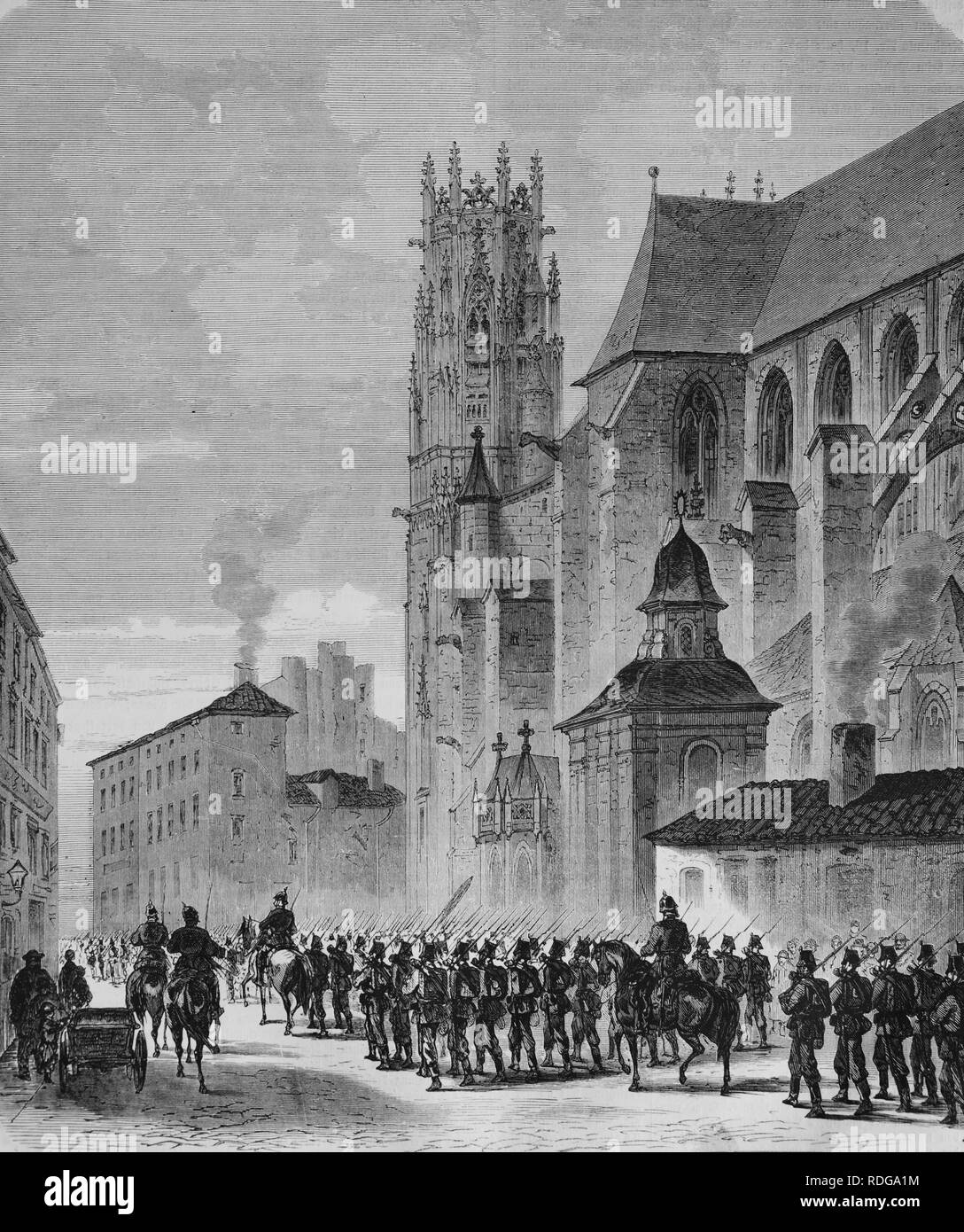 North German Landwehr marching through Pont-a-Mousson, Illustrierte ...