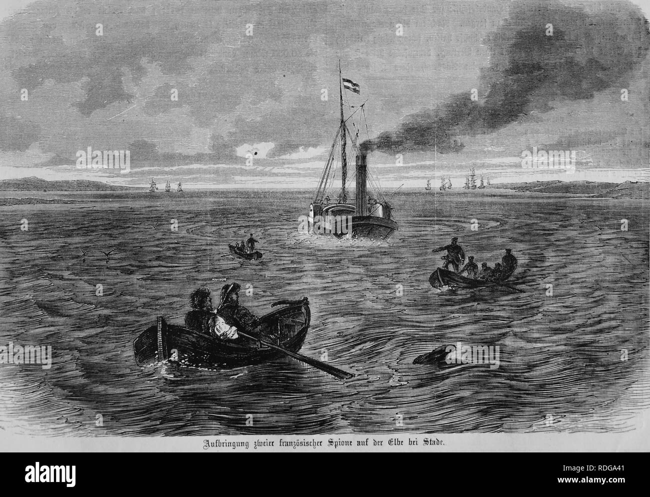 Capture of two French spies on the Elbe River near Stadt, Illustrierte ...