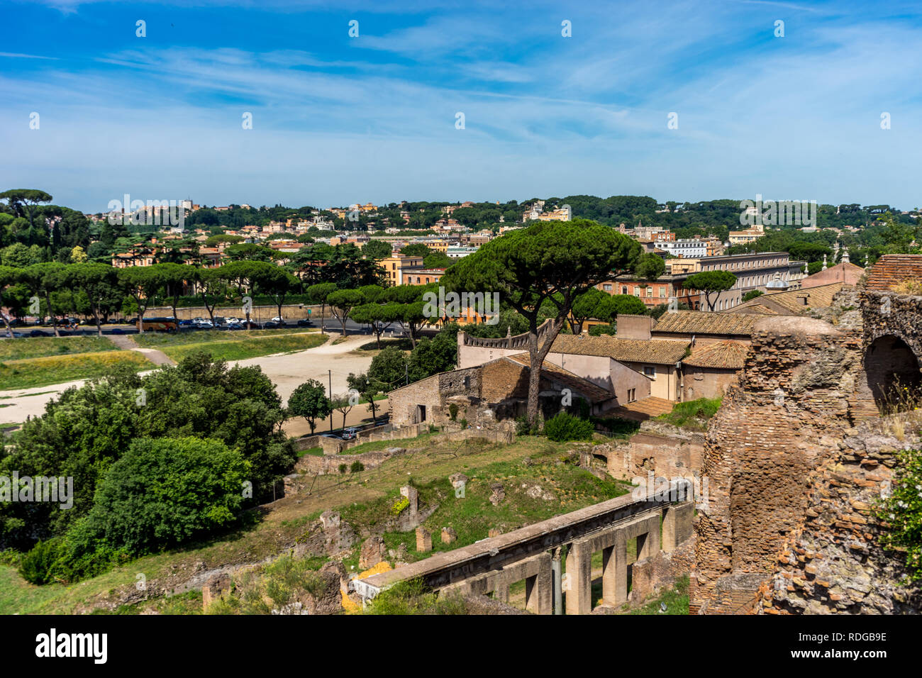 The ancient ruins of Circus Maximus in the valley between the Aventine ...