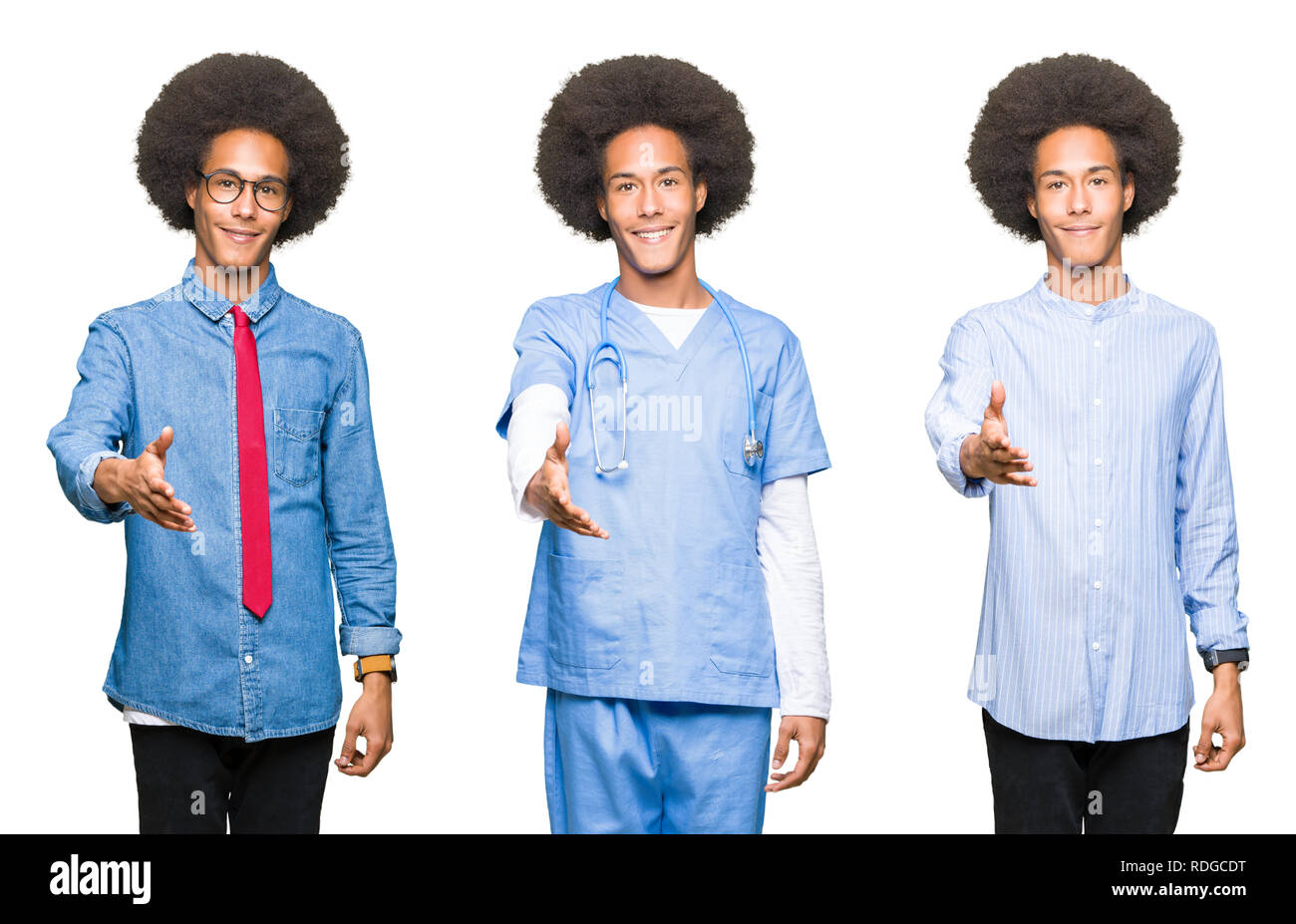 Collage of young man with afro hair over white isolated background ...