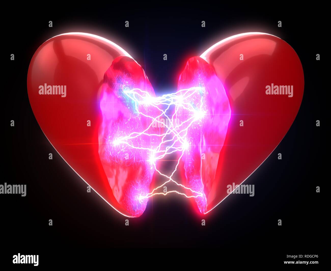 power of love. concept with lightning on heart. 3d illustration Stock ...