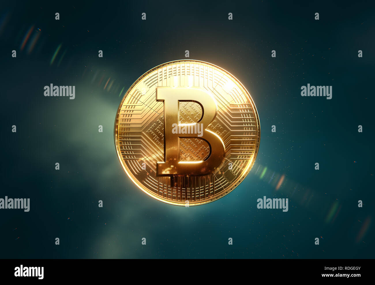 Golden Bitcoin coin, front view in space, clean background, 3D ...