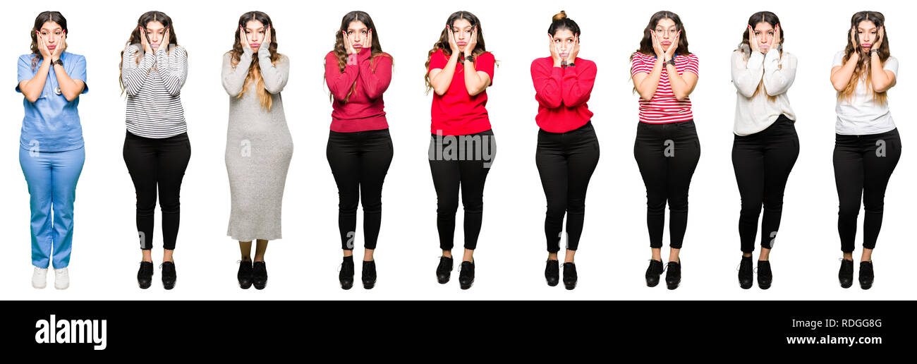 Collage of beautiful young woman wearing different looks over white ...