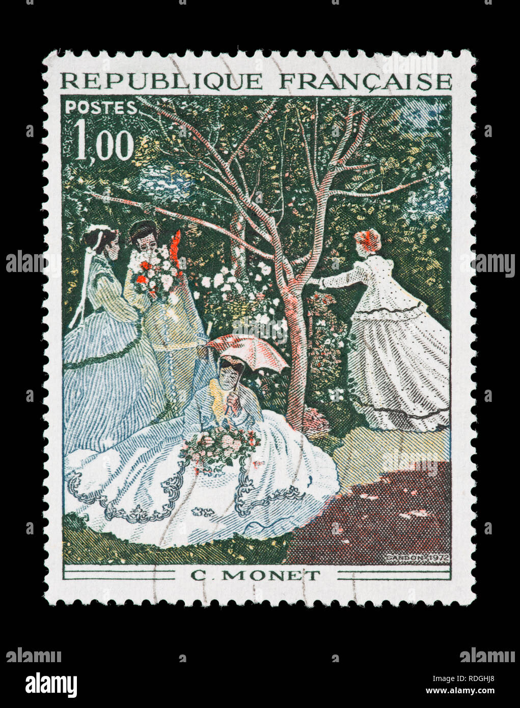 Postage stamp from France depicting the Claude Monet painting "Woman in ...