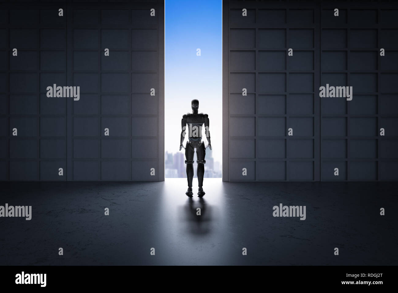 Futuristic technology concept with 3d rendering rear view robot ...